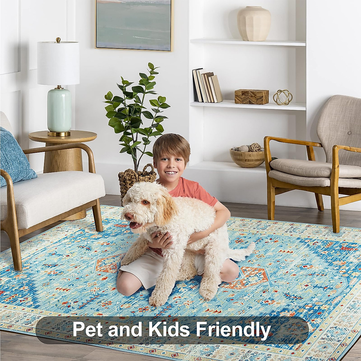 BESTSWEETIE Area Rug 5x7 Rugs for Living Room 5 x 7 Washable Rugs Non Slip Vintage Boho Living Room Rugs for Bedroom Dining Room, Distressed Pattern Carpet, Blue Multi