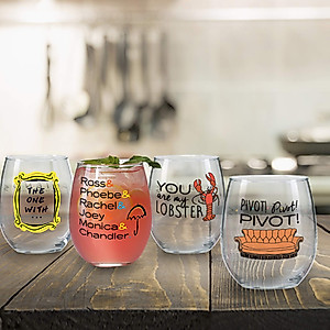 FRIENDS Favorites Curved Table 21 Ounce Stemless Wine Glass 4 Pack Gift Set the TV Show