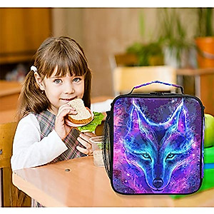 Wolf Galaxy Lunch Box Starry Wolf Insulated Lunch Bag Girls Lunch Cooler Bag Tote Freezable Shoulder Strap Lunchbox Animal Print Starry Sky Thermal Meal Tote Kit for Girls School Picnic