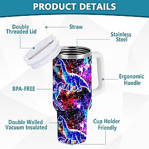 ODAWA 40oz Spill Proof Tumbler with Straw, Dinos Space Galaxy Steel Insulated Tumbler with Handle and Straw Lid