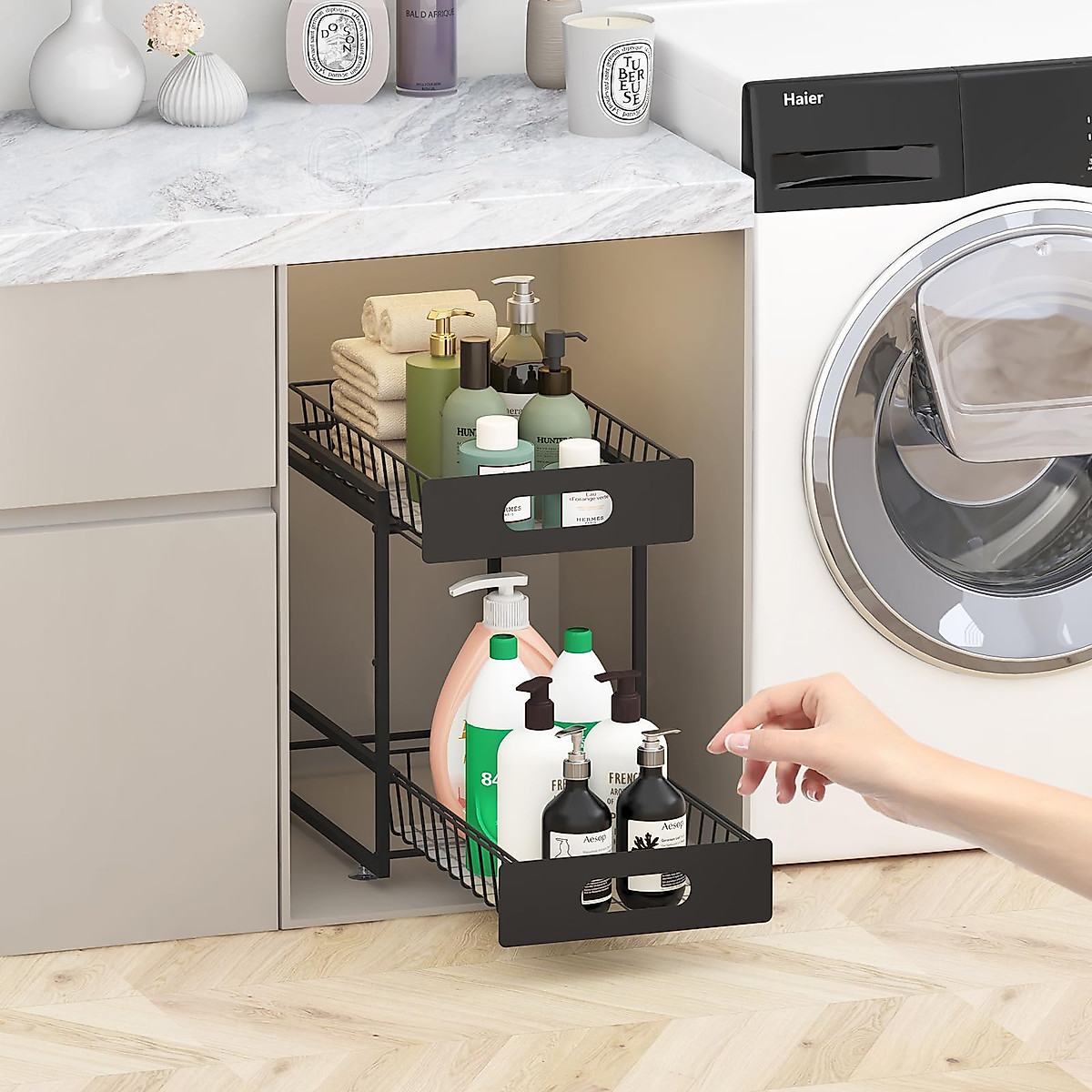 AIKEXIN Under Sink Organizers and Storage, 2 Tier Pull Out Sliding Cabinet Basket Organizer, Metal Cabinet Organizer & Storage Shelves for Kitchen Bathroom (Black)