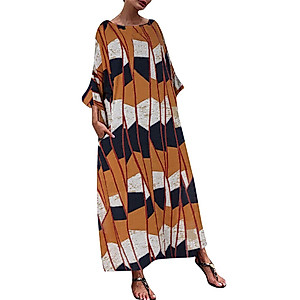 aihihe Womens Loose Long Casual Plus Size Dress 3/4 Sleeve Pocket Print Kaftan Beach Maxi Long Dress(L-5XL)(Orange,XL)