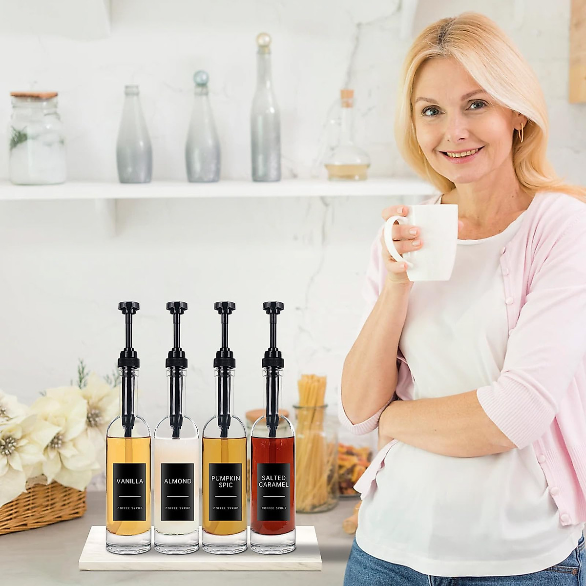 MSTCMZP Coffee Syrup Dispenser for Coffee Bar Accessories Coffee Pump Dispenser, Glass Syrup Bottle with Pump and Labels, 350 ml, Set of 4 Black