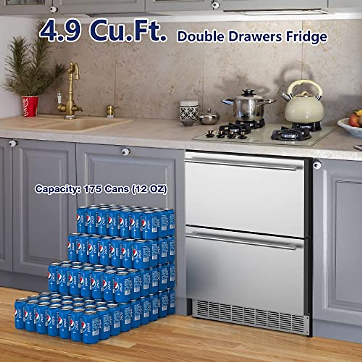 24 Inch Outdoor Drawer Fridge, Under Counter Double Drawer Beverage Refrigerator, 4.9 Cu.Ft. Weather Proof IPX4 Stainless Steel Auto Defrost 34-65℉ Built-in Fridge, ETL & DOE Approved