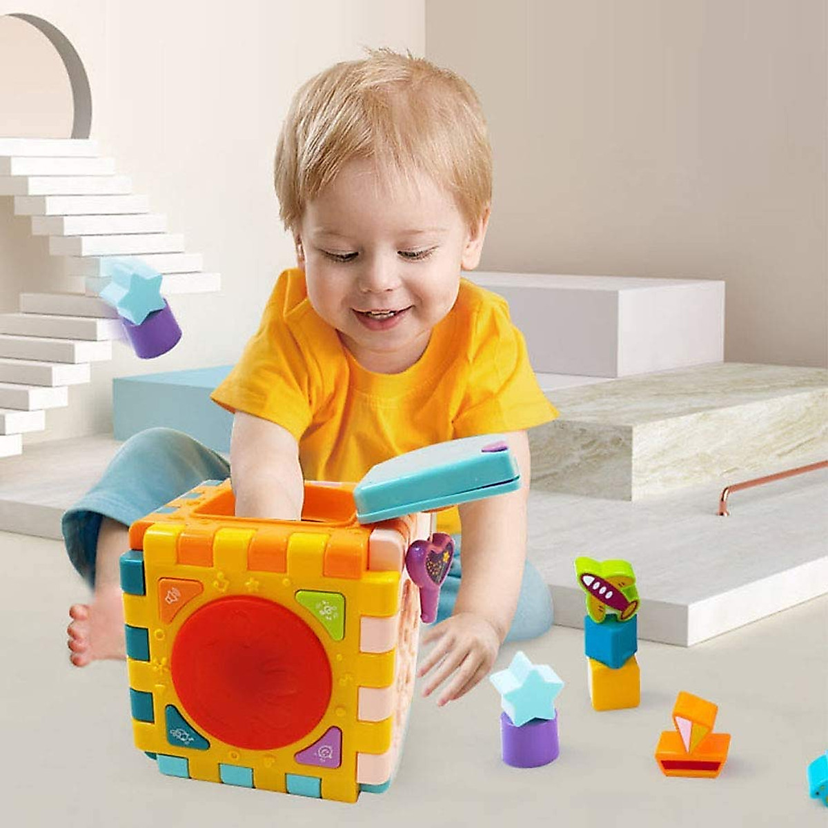 WISHTIME Baby Activity Cube, Baby Stack Toys with Shape Color, Musical Toys Interactive Educational Activity with Drum, Gift Toys for Infants Toddlers Kids Boys Girls