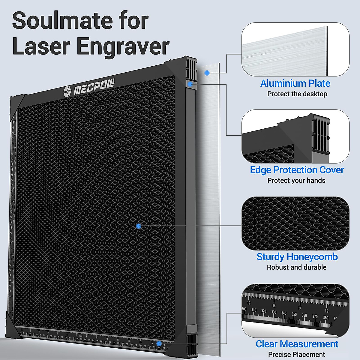 Mecpow Honeycomb Laser Bed, 440x440mm Honeycomb Working Table for Most Laser Engraver, Durable Steel Honeycomb Panel for Fast Heat Dissipation, Desktop-Protecting, 17.3''x17.3''x0.87''
