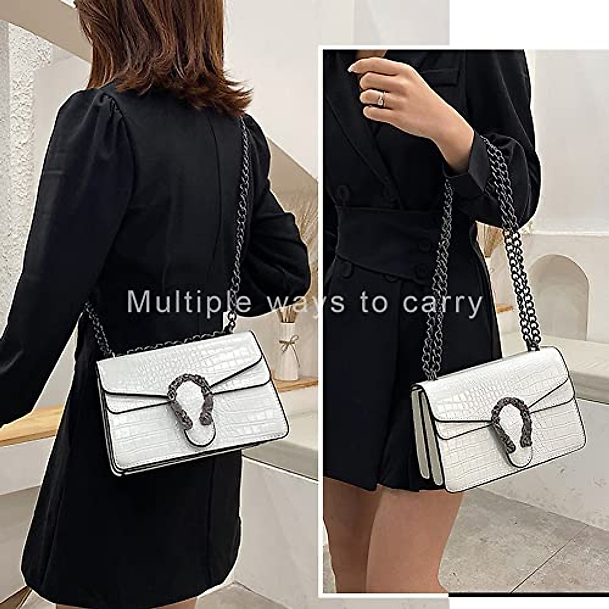 Gxamz Women Crocodile Pattern Leather Crossbody Shoulder Bag Retro Clutch Handbag with Chain Satchel Bag (White)