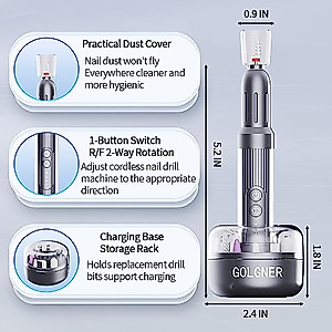 Golgner Cordless Nail Drill Machine, Electric Nail Drill Machine, Portable Electric Nail File Machine, 20000RPM with 12PCS Nail Drill Bits&36Pcs Sanding Bands, for Acrylic Gel Nails, Manicure Pedicure