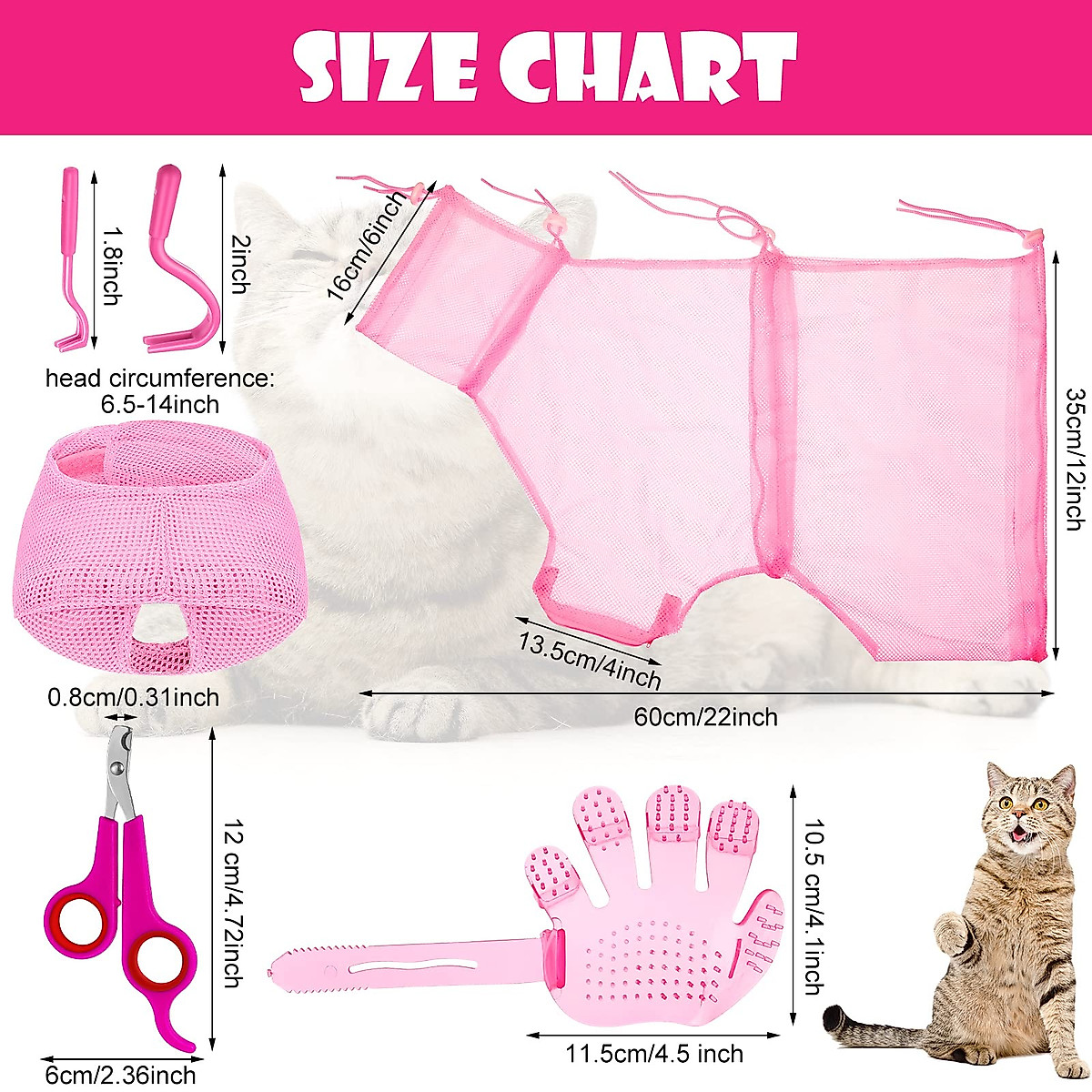 Patelai 5 Pcs Cat Bathing Bag Set Cat Grooming Bag Adjustable Pet Shower Net Bag Muzzles Nail Clipper Tick Remover Tool Massage Brush (Pink)