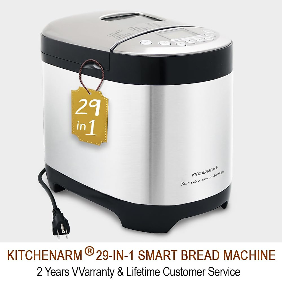 KITCHENARM 29-in-1 SMART Bread Machine with Gluten Free Setting 2LB 1.5LB 1LB Bread Maker Machine with Homemade Cycle - Stainless Steel Breadmaker with Recipes Whole Wheat Bread Making Machine