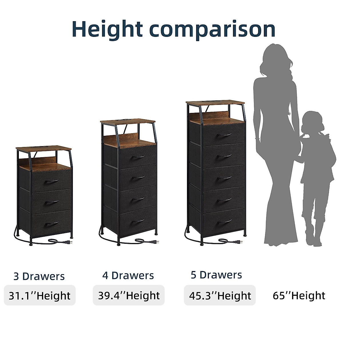 Somdot Black Nightstand with Charging Station and LED Light for Bedroom, Tall 5 Drawers Dresser with Fabric Bins for Bedside Laundry Closet Entryway Hallway, Black Rustic Brown