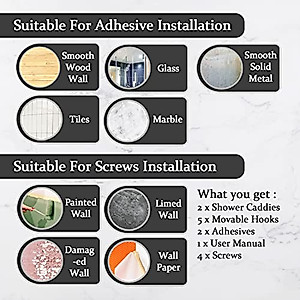 Wallesun Shower Caddy, 2-Pack Adhesive Shower Wall Caddy With Hook, Shower Organizer With Towel Bar, Adhesive Wall Shelf For Bathroom, Shampoo Holder for Shower