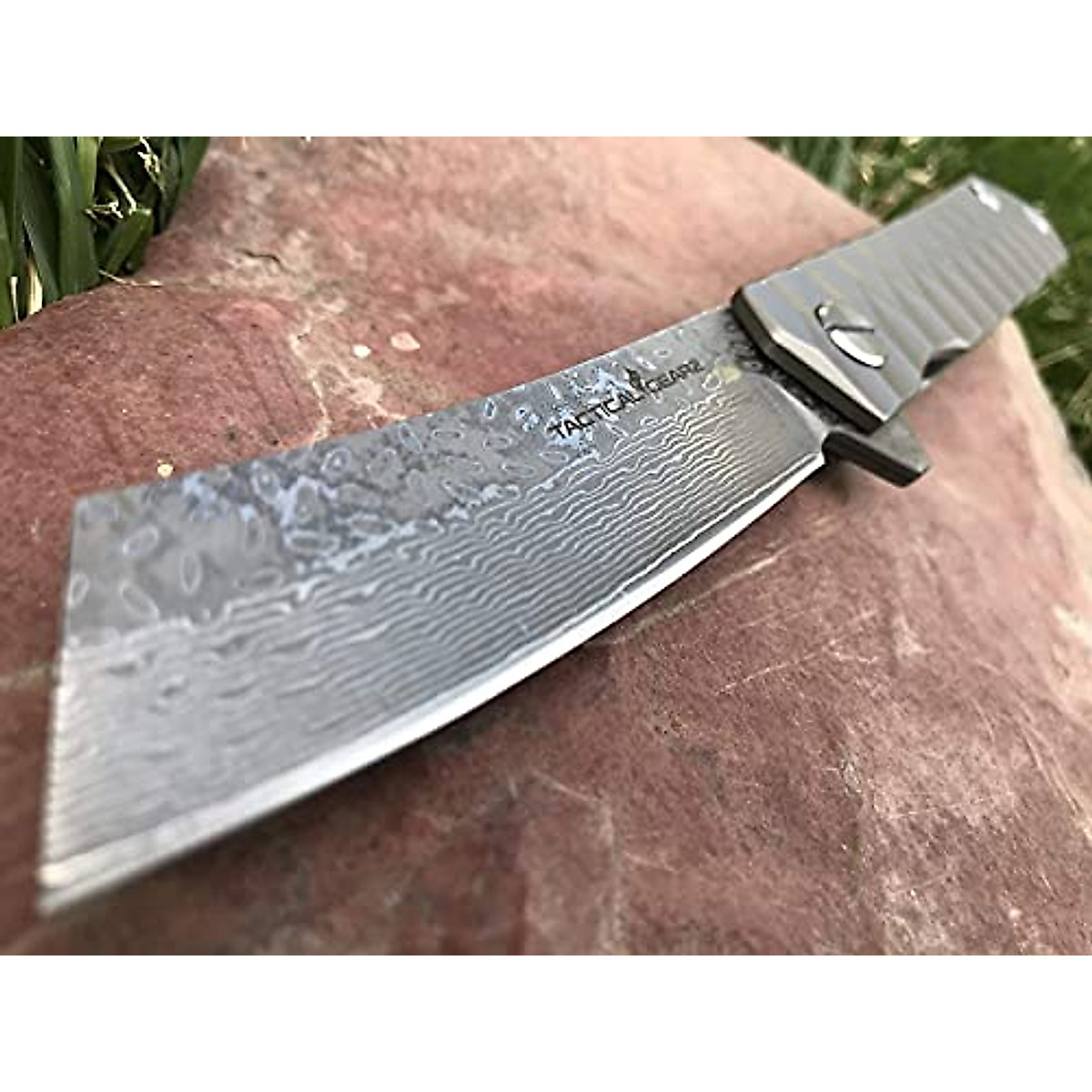 TACTICAL GEARZ Custom Damascus Steel EDC Pocket Folding Knife, Solid Tc4 Titanium Handle! Includes Sheath! For Outdoor Camping, Hiking, Gifts for Men, Birthday Gifts (Silver XS)
