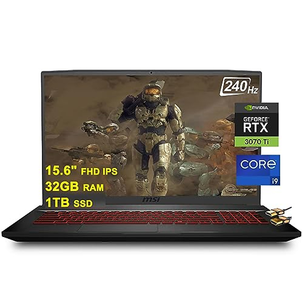 MSI Katana GF66 15 Gaming Laptop 15.6" Full HD IPS 240Hz Display 12th Generation Intel 14-Core i9-12900H 32GB RAM 1TB SSD GeForce RTX 3070 Ti 8GB Graphic | RGB Backlit USB-C Win11 Black + HDMI Cable