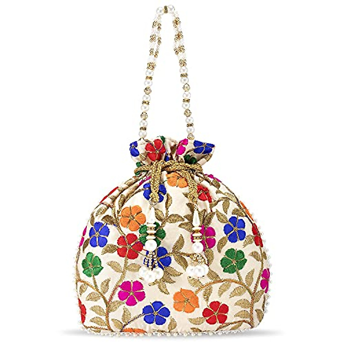 Aheli Ethnic Designer Embroidered Silk Potli Bag Batwa Pearls Handle Clutch Purse for Women (P01) (Multi Floral 4)