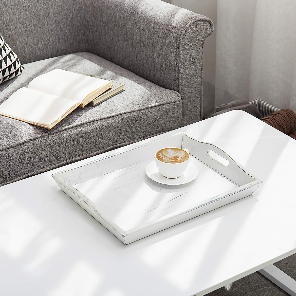 MyGift 16-Inch Vintage White Wood Large Serving Tray with Handles, Rectangular Ottoman Breakfast Tray