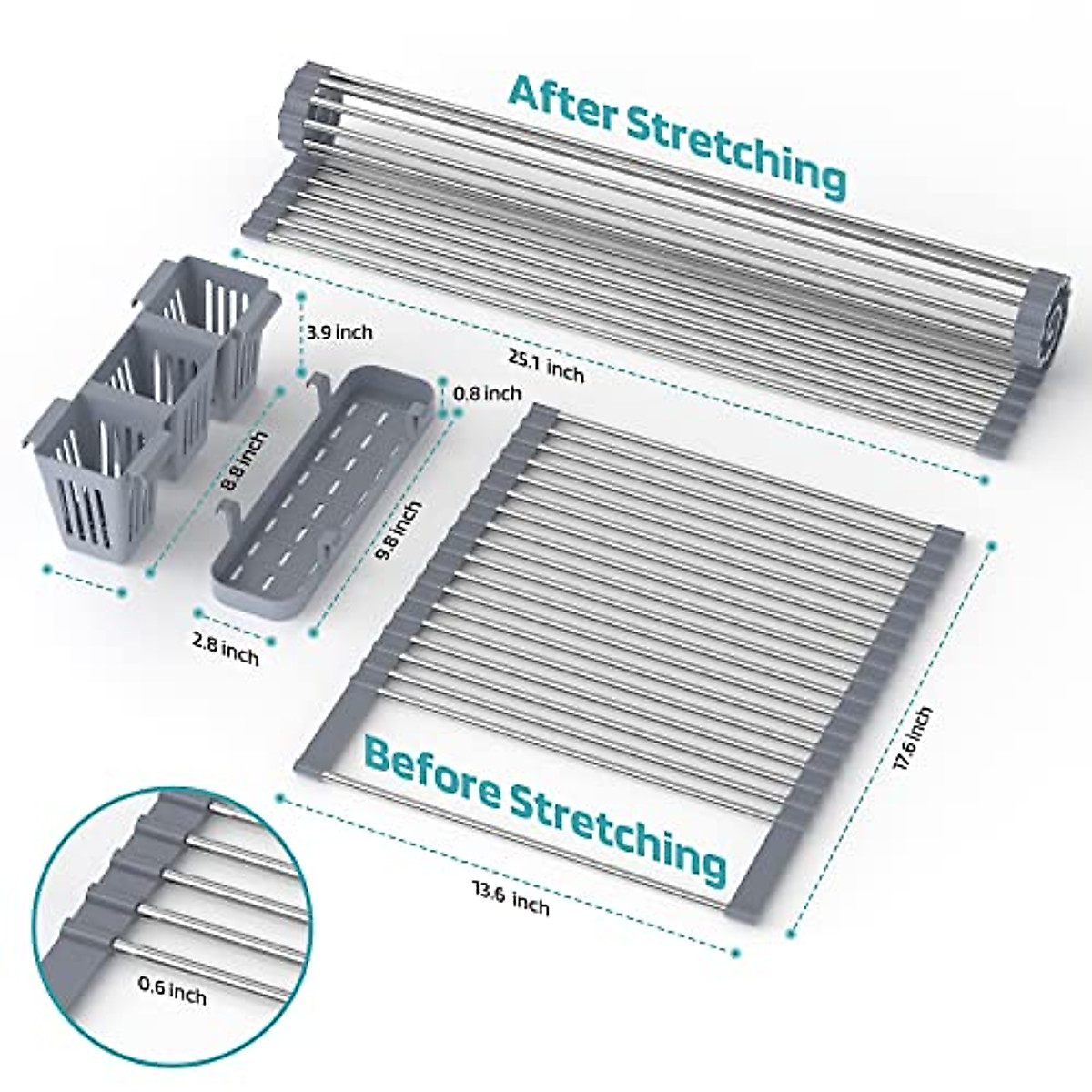 Extra Large Expandable Roll Up Dish Drying Rack Up to 25.1''with 2 Storage Baskets,Over The Sink Kitchen Rolling up Dishes Drainer, Foldable,Rollable for Fruits