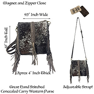 Urbalabs Western Cowhair Concealed Carry Womens Crossbody Fringe Purse Genuine Leather Handmade Stitched Handbag (Grey)