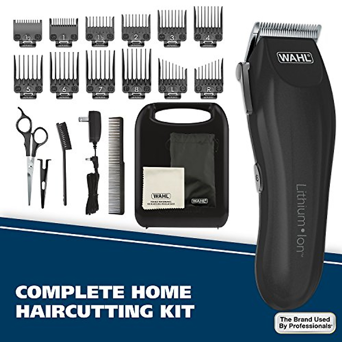 Wahl Clipper Lithium-Ion Cordless Haircutting Kit - Rechargeable Grooming and Trimming Kit with 12 Guide Combs for Haircutting and Large Beard Trimming - Model 79608