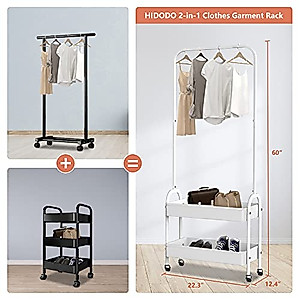 HIDODO White Clothing Rack, Portable Garment Rack Rolling Clothes Organizer with 2 Tier Metal Baskets, Laundry Cart with Hanging Rack, Small Wardrobe Rack on Wheels for Bedroom, Laundry and Entryway