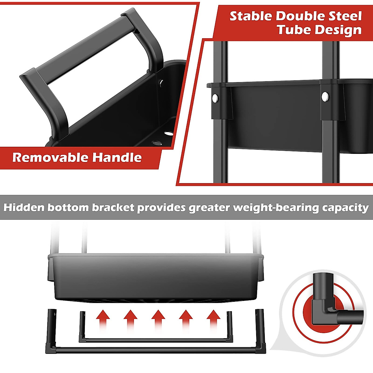 Hamone 3-Tier Utility Rolling Cart,Mobile Utility Cart with Lockable Caster Wheels,Storage Shelves Organizer Cart, 3 Hanging Baskets, Easy Assembly,for Bathroom, Kitchen, Office, Workshop,Black