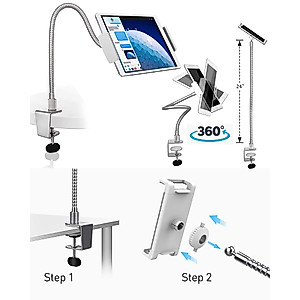 AboveTEK Gooseneck Tablet Holder, Aluminum iPad Stand Flexible Long Arm iPad Desk Mount for Bed Kitchen Office, Heavy Duty Tablet Mount Stand Compatible with iPad iPhone 6-13Pro, Fits for 3.5" - 11"
