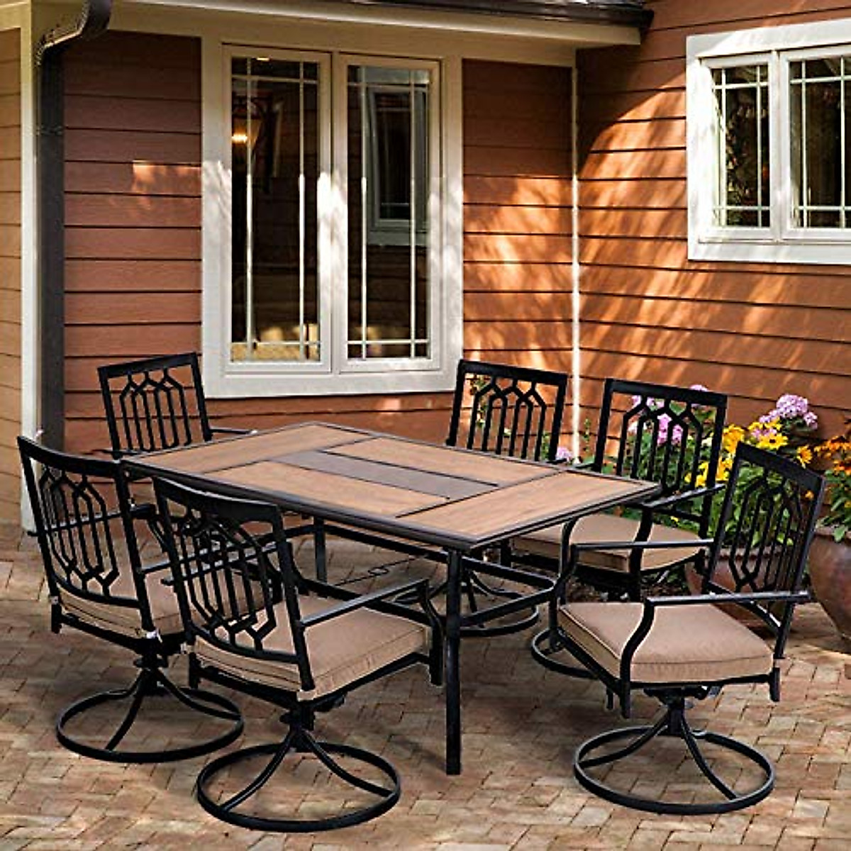 PHI VILLA 7-Piece Outdoor Furniture Dining Set, 1 Rectangle 60"x 37" Large Umbrella Table, 6 Swivel Chairs Furniture Set for Outdoor Garden Lawn Pool Metal Frame Easy to Care Weather Resistant