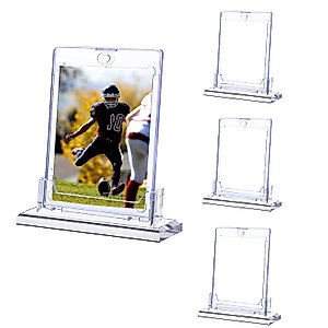 4 Pack of Magnetic Card Holder with Base for Trading Cards, 35 pt Baseball Card Protectors, Card Display Stand with Case, Acrylic Football, Baseball, TCG Card Display Case