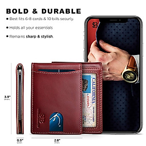 SERMAN BRANDS RFID Blocking Slim Bifold Genuine Leather Minimalist Front Pocket Wallets for Men with Money Clip Thin Gift (Ruby Red 1.S)