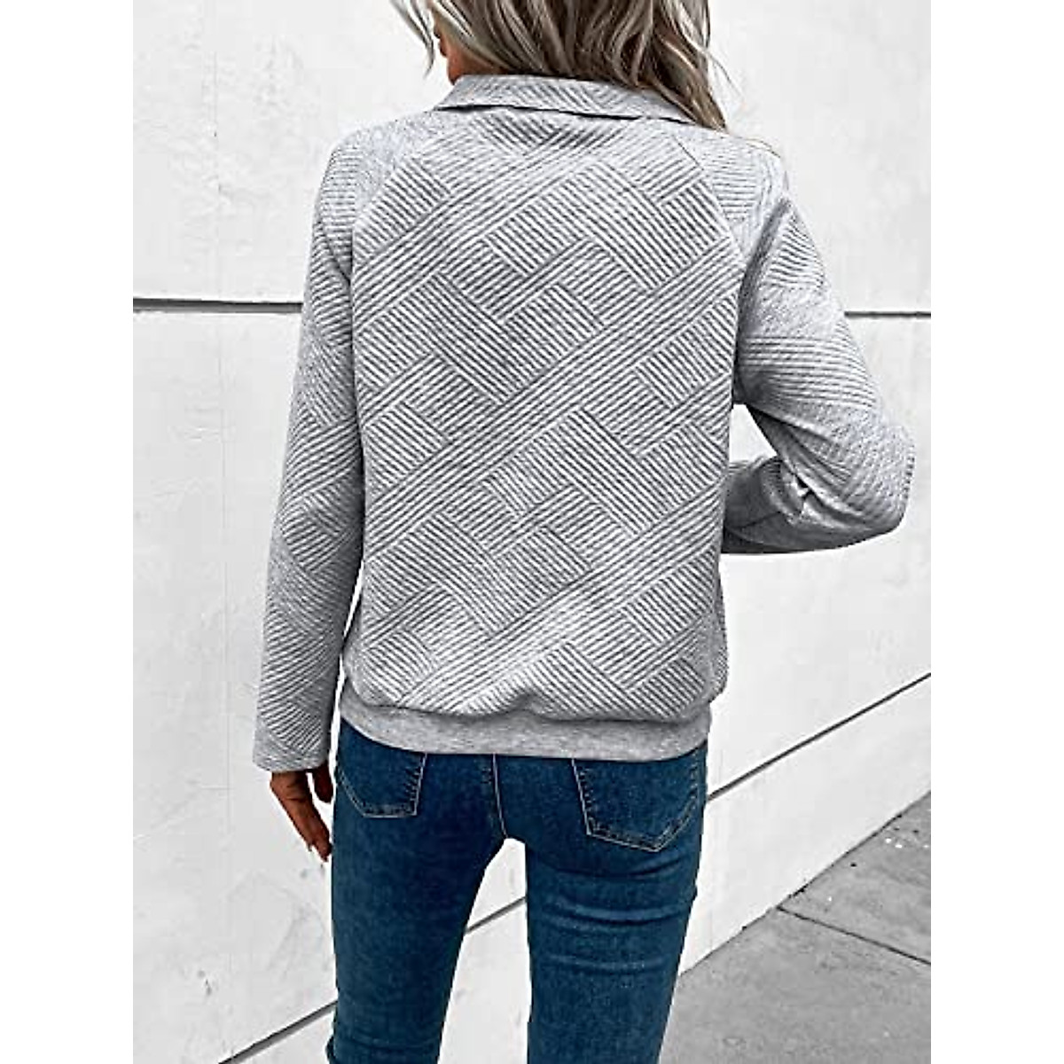 GORGLITTER Women's V Neck Sweatshirt Quilted Pullover Long Sleeve Knit Collar Pullover Tops Fall Clothes Light Grey Small