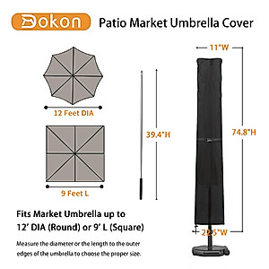 Dokon Patio Umbrella Covers Waterproof Outdoor Market Umbrella Cover Heavy Duty 600D Oxford Fabric Anti-Fading UV Resistant Umbrella Parasol Cover for 9ft to 12ft Market Umbrella - Black