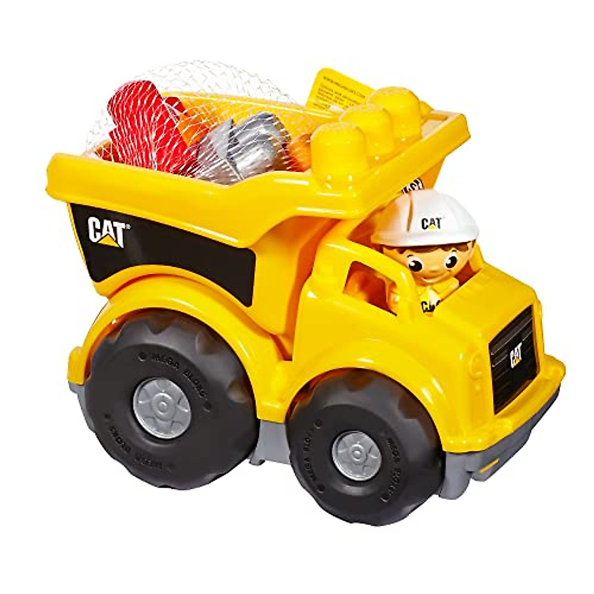 MEGA BLOKS Cat Toddler Blocks Building Toy Set, Lil’ Dump Truck with 7 Pieces and Storage, 1 Figure, Yellow, Ages 1+ Years