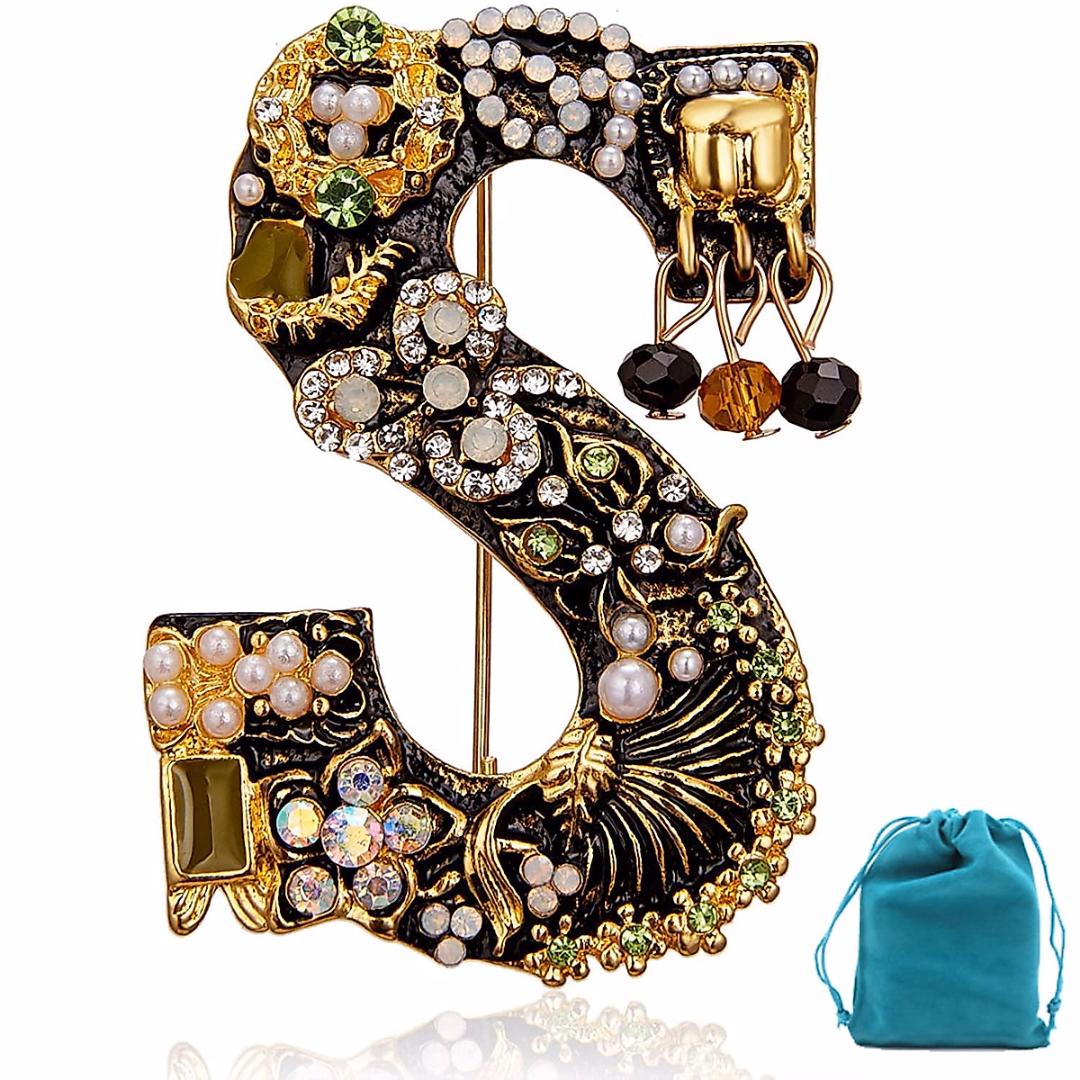 Pearl Initial Letter Brooch Pin, Crystal Rhinestone Gold Plated Alphabet Brooches for Women Girls, Pearl Lapel Pin for Bag Clothes Costume Jewelry - S