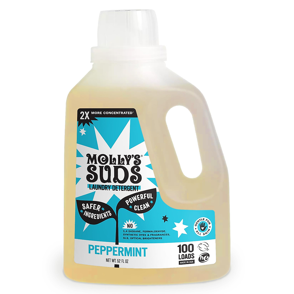 Molly's Suds Liquid Laundry Detergent | Clean Laundry Detergent Soap for Sensitive Skin | 2x Concentrated, High Efficiency (HE) | Peppermint - 100 Loads