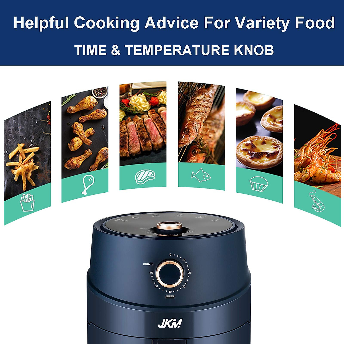 JKM Air Fryer 4.7 Quart, mechanical Air Fryer Oven, Adjustable Timer & Temp, No Oily Smoke Frying Cooking, Auto Shut Off, 1500W, Navy Blue