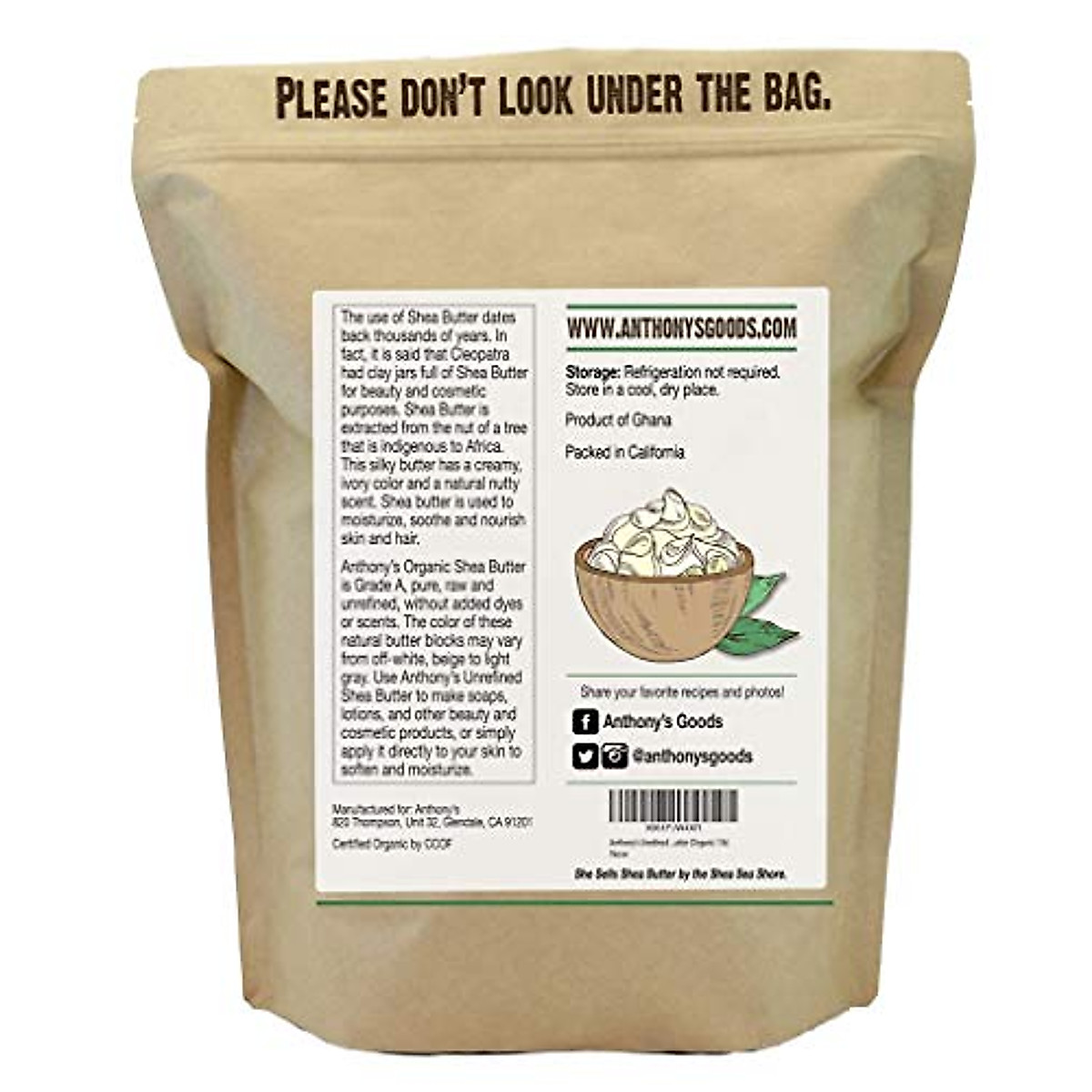 Anthony's Organic African Shea Butter, 1 lb, Unrefined, Grade A, Ivory, Raw