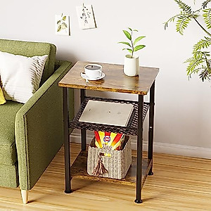 iDavosic.ly 3 Tier Small Side Table, Modern End Table Living Room, Industrial Wood Metal Bedside Table, Nightstand with Adjustable Shelf for Bedroom, Office, Kitchen, Rustic Brown and Black
