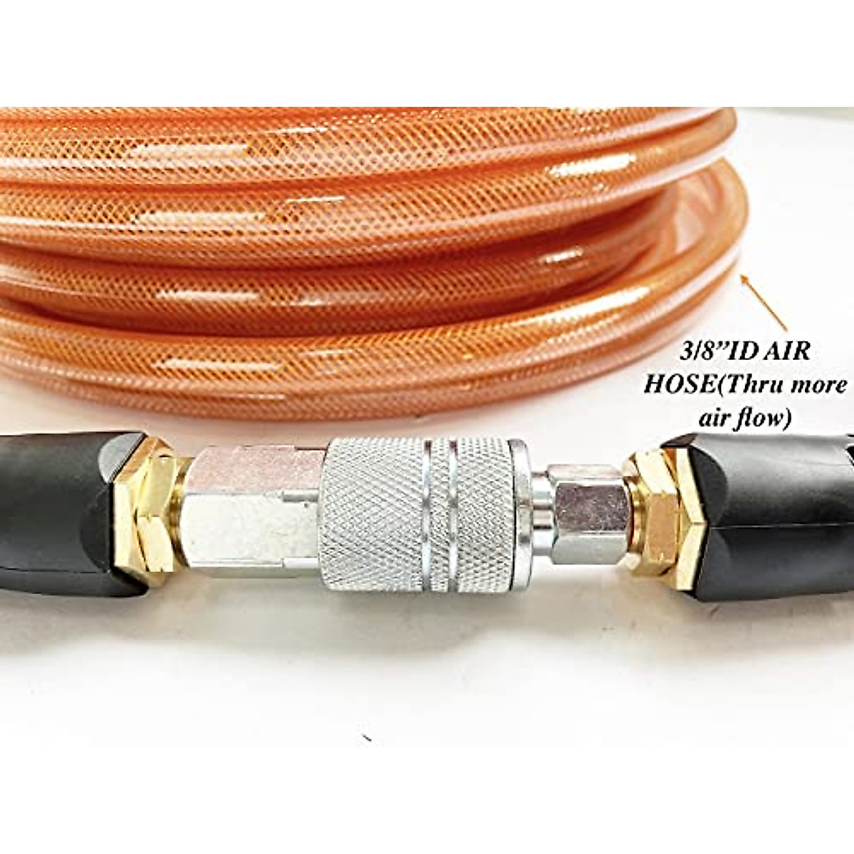 SANFU Polyurethane(PU) Reinforced 3/8”ID x 100ft Air Hose, 300PSI Wear Resistant with 3/8” Reassembled Industrial Quick Coupler and Plug, Bend Restrictor, Brown(100’)