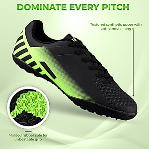 Vizari Santos Turf Soccer Shoes for Adult - Size 9, Black/Green, Ultra Comfortable and Easy Adjustable Lace Football Cleats with Well-Padded Collar and Footbed