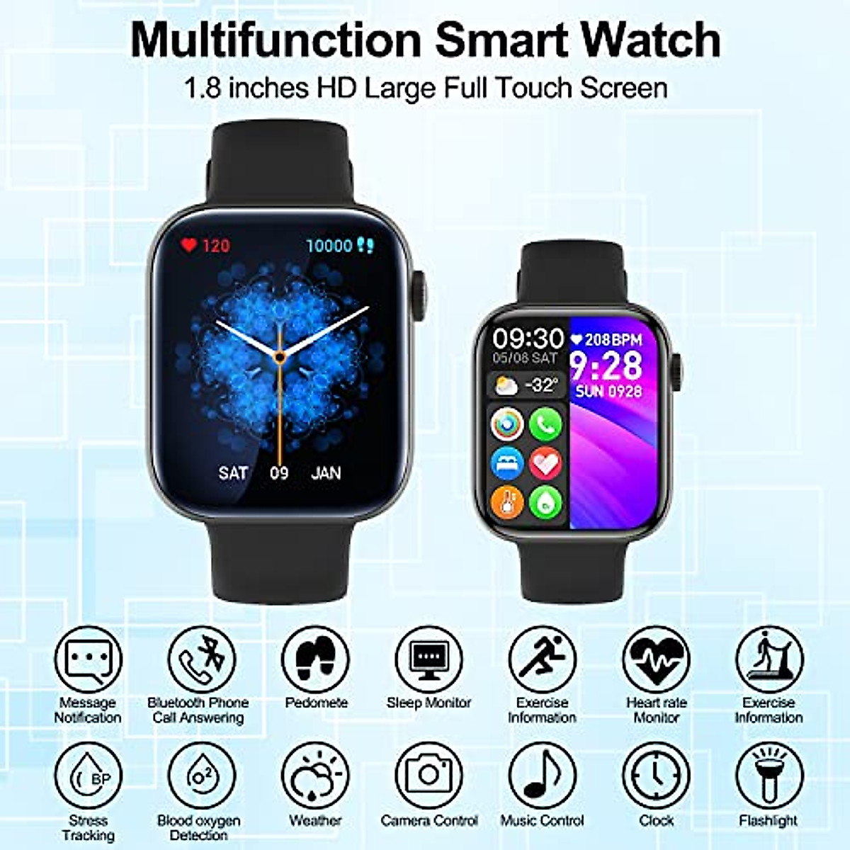 CHOKOVIE Smart Watch for Men Women, 1.8" Full Touch Screen Call/Receiver Dial Fitness Watch Heart Rate, Blood Oxygen,Sleep Monitor, Activity Tracker with Pedometer Stopwatch, GPS Smartwatch, Black