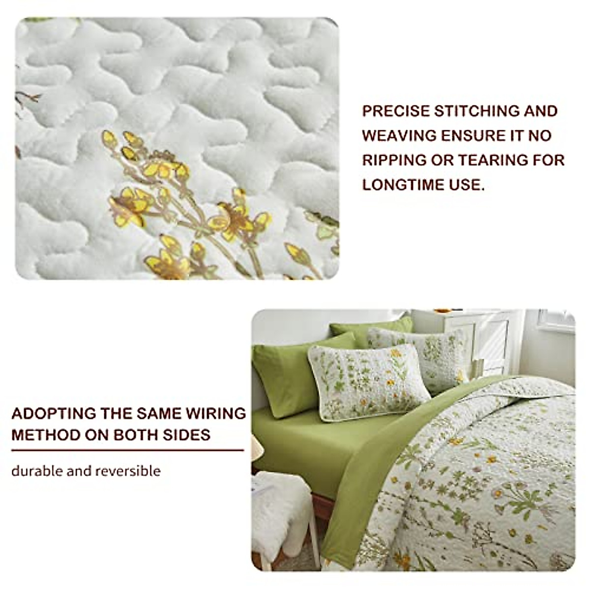 Joyreap 3 Pieces Reversible Quilt Set, Smooth Soft Microfiber Quilt, Yellow Flowers Green Leaves Botanical Design, Bedspread Bed Cover for All Season, 1 Quilt n 2 Pillow Shams (Full/Queen, 90x90)