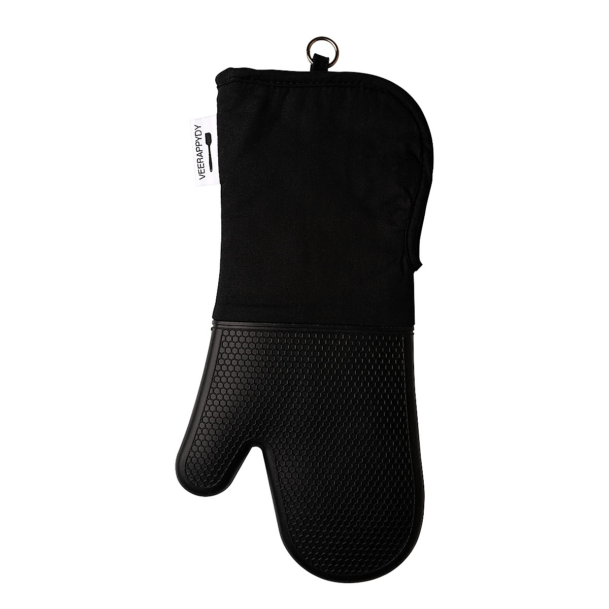 VEERAPPYDY Silicone Oven Mitts Non-Slip Grip Gloves for Grilling Baking Cooking, Heat Resistant 540 degree F, Flexible Terry Cloth Cotton, Storage Hanging Hooks Black 2 pack, 14.9X6.7in