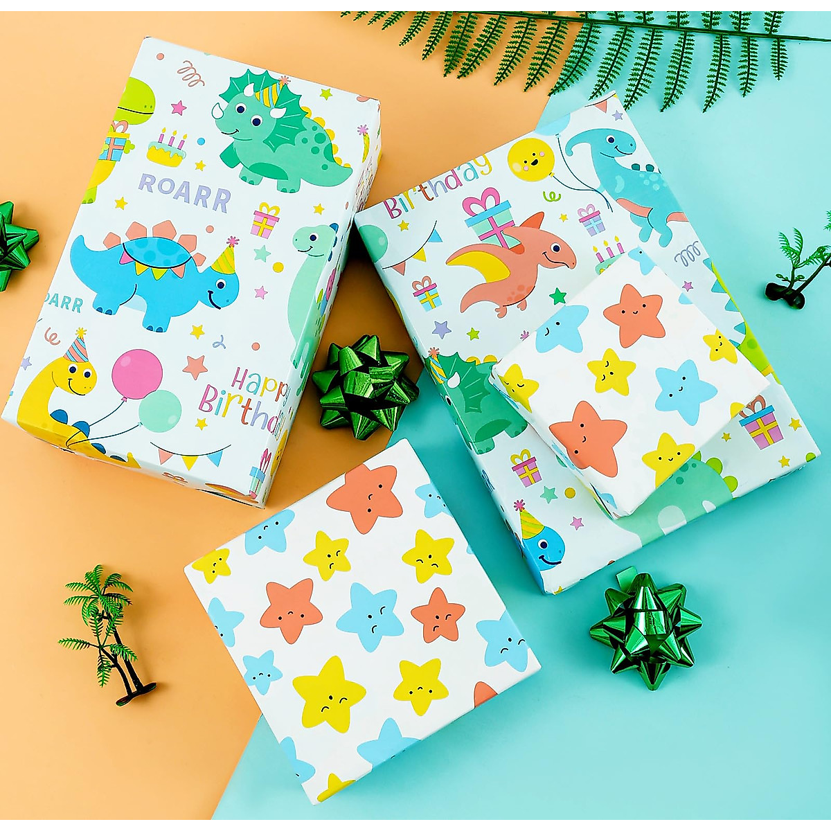 U'COVER Dinosaur Wrapping Paper Rolls Happy Birthday Gift Wrapping Paper Roll for Kids Boys Girls Baby Reversible Gift Wrap Dinosaur Star for Bday Party (DINOSAUR)