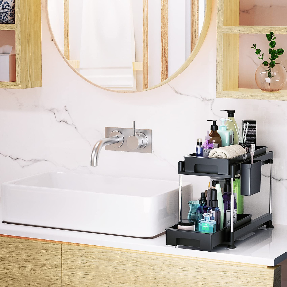 Bathroom Organizer, HEMOPLT Double Sliding Under Sink Organizers and Storage, Adjustable Height Under Bathroom Sink Organizers and Storage, Non-slip Mat Bathroom Drawer Organizers