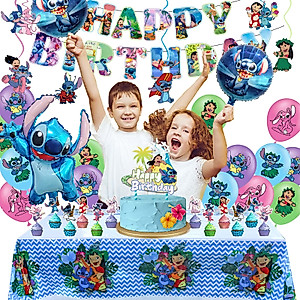 Stitch Birthday Party Supplies, Stitch Birthday Decorations Include Birthday Banner, Foil Balloons, Cupcake Toppers, Tablecloth