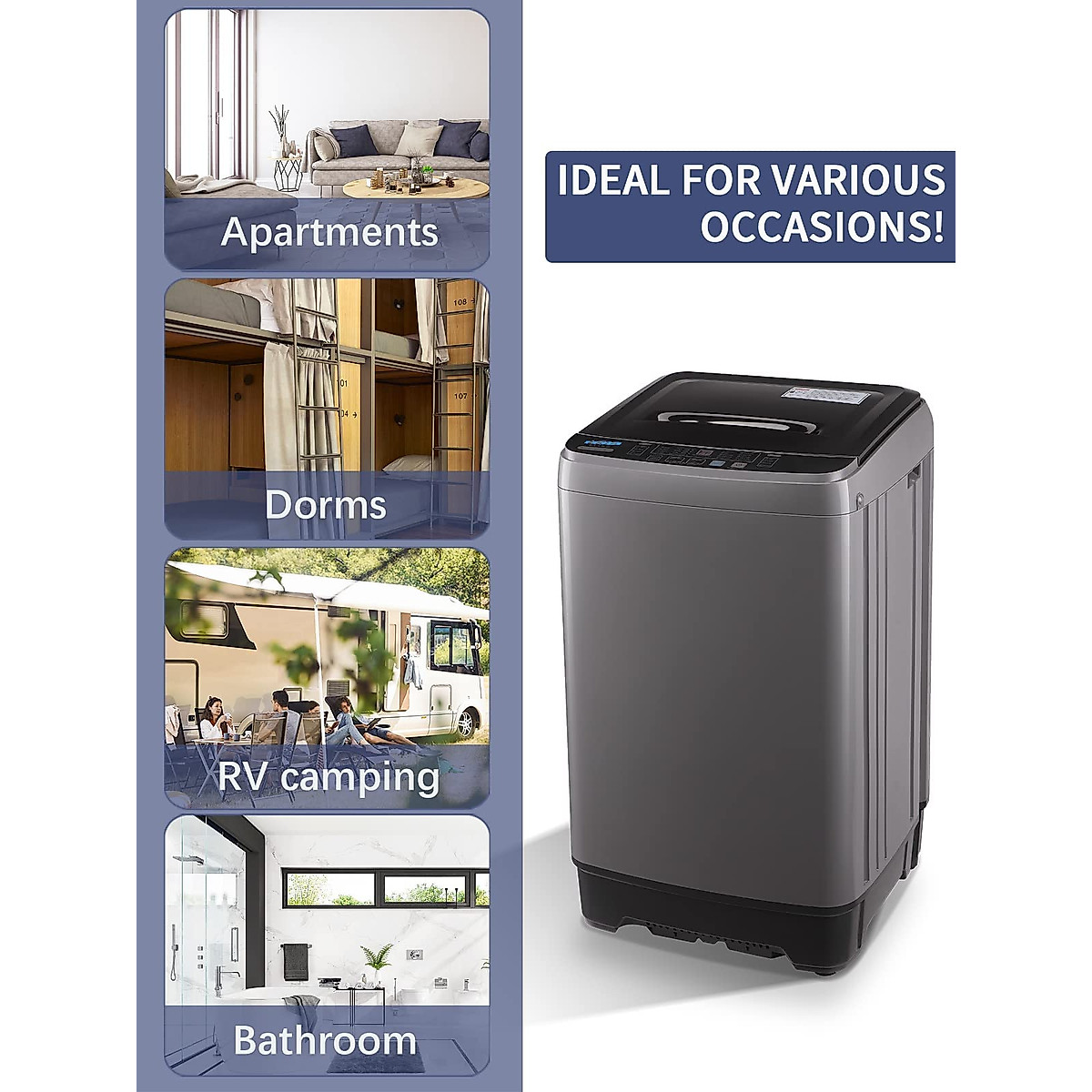 KRIB BLING 17.7 lbs Full Automatic Washing Machine with LED Display Compact Washing Machine with Drain Dump, 10 Wash Programs and 8 Water Levels Ideal for Dorms, Apartments, RV, Grey