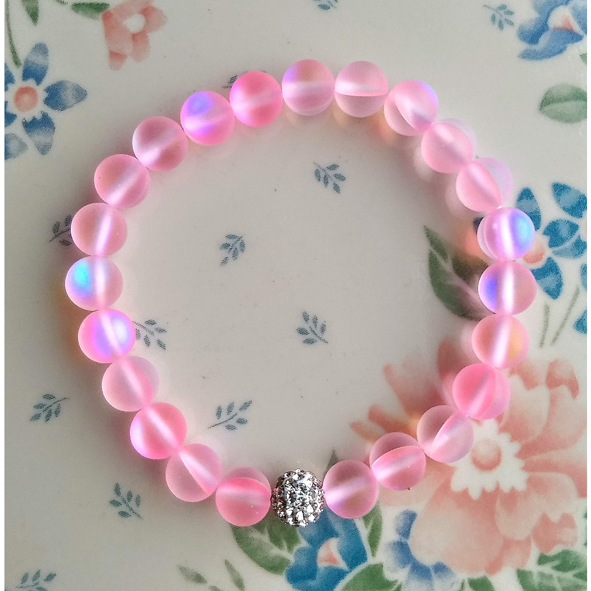 Hope Inspired Mystic Mermaid Glass Bracelet with 8 mm Pink Dazzling Moonstone Beads