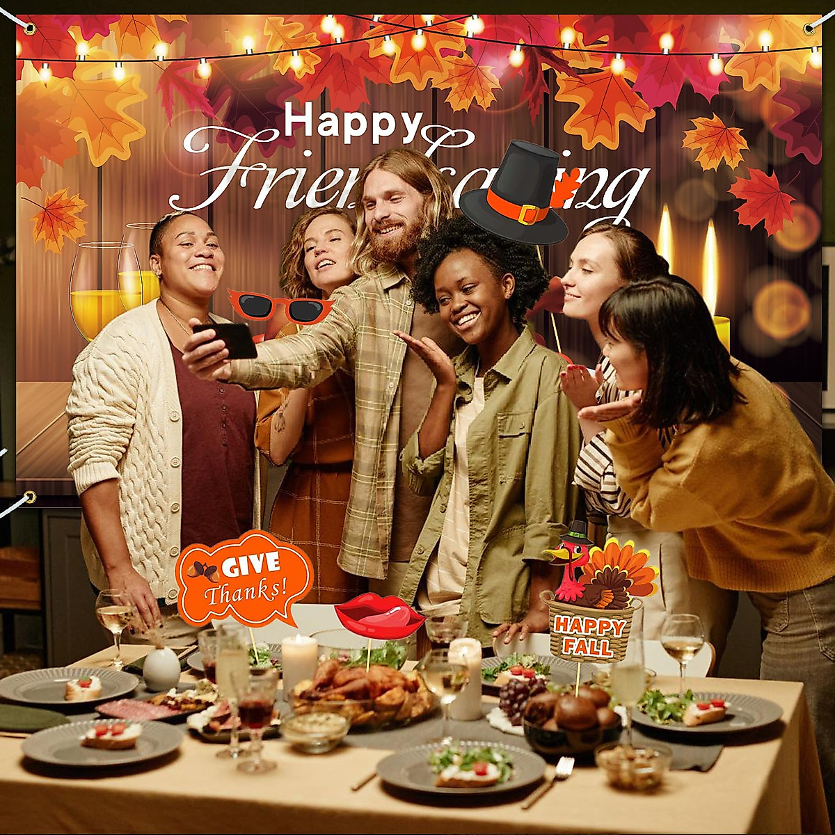 Friendsgiving Backdrop, Friendsgiving Party Decorations Photography Backdrop with Photo Booth Props 16 Pcs, Happy Friendsgiving Banner Decorations Thanksgiving Banner for Thanksgiving Party Decor
