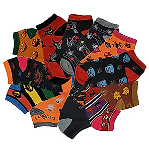 SUMONA Differenttouch 12 Pairs Pack Women Low Cut Colorful Fancy Design Ankle Socks (9-11, Halloween)