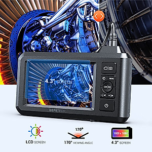 DEPSTECH Dual Lens Industrial Endoscope, 1080P Digital Borescope Inspection Camera, 7.9mm IP67 Waterproof Camera, Sewer Camera with 4.3" LCD Screen,7 LED Lights,16.5FT Semi-Rigid Cable,32GB Card-Black